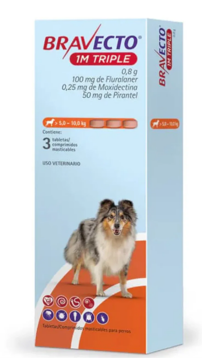 BRAVECTO 1 Mes Triple c/3 TAB de 100 mg (5 a 10 KG) – mypets.mx